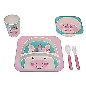 Little Me 5-Pack Bamboo Dinnerware Set - Dishwasher Safe Kids Dishes & Utensils - Unicorn Plate, Bowl, Cup, Spoon & Fork