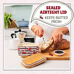BUTLER & CHEF Flamingo Butter Dish With Lid For Countertop or Refrigerator - Large Airtight Covered Porcelain Ceramic Keeper - 2 Stick Holder With Bamboo Lid