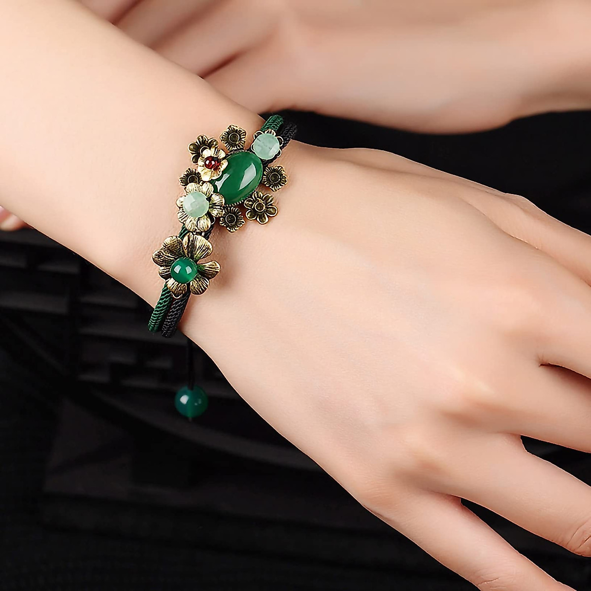 Xgimas Vintage Prosperity Flowers Jade Beaded Bracelet, Adjustable Rope Lucky Beads Wrap Charm Bracelet for Women Lovers Gift