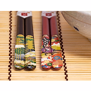 Kawai Japanese Wooden Chopsticks Reusable 2 Pairs in Gift Box, Nippon Scenery Red and Purple [ Made in Japan /Handcrafted ]