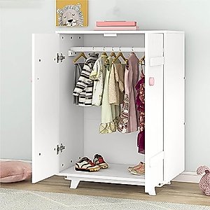 RIDFY Wooden Kids Wardrobe with Hanging Rod,Freestanding Cabinet with 2 Doors,Dress up Storage with Wood Legs,Closet Organizers and Storage for Boys/Girls(31.5”L x 19.7”W x 43.4”H) (White)