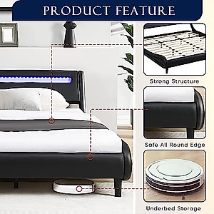 Gustonhon King Size Modern Upholstered Platform Bed Frame with RGB LED Lights Leather Headboard,Faux Leather Wave-Like Low Bed Frame,Strong Wood Slats Support, Easy Assembly(Black, King)