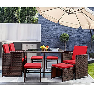 GUNJI 9 Pieces Patio Dining Sets Outdoor Table and Chairs Patio Dining Table Set with Space Saving Rattan Chairs Patio Furniture Sets Cushioned Seating and Back (Red)