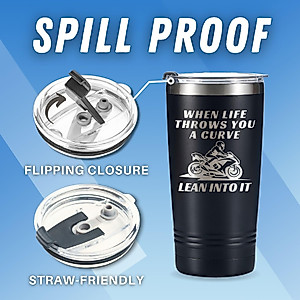 Onebttl Motorcycle Gifts for Men, When Life Throws You a Curve, Lean into it, Tumbler Travel Coffee Mug, Dad Grandpa Biker Rider, Stainless Steel 20oz/590ml