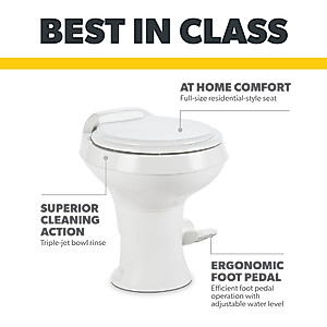 Dometic 300 Series Gravity-Flush RV Toilet | Powerful Triple-Jet Action Flush with Adjustable Water Level | Standard Height Flush with Foot Pedal for RVs, Trailers, and Outdoor Campers