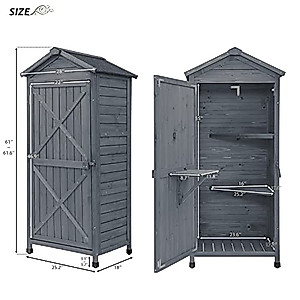 Outdoor Wooden Storage Cabinet Waterproof, Garden Tool Shed with Shelves & Folding Workstation, Outside Vertical Shed with Adjustable Pegs, Fir Wood, Lockable Arrow, Gray