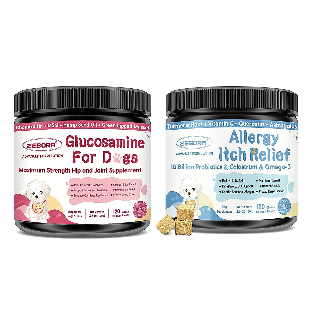 ZEBORA Glucosamine for Dogs, Joint Supplement for Dogs, Dog Allergy Relief Chews, with Probiotics, Omega 3, Colostrum - Dog Itching Skin & Ears Relief