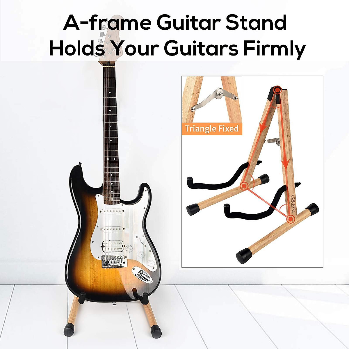 LEKATO Wood Guitar Stand, Acoustic Guitar Stand with Foam Padded, A-Frame Electric Guitar Stand for Bass, Cello, Mandolin, Banjo, Gifts for Guitar Players