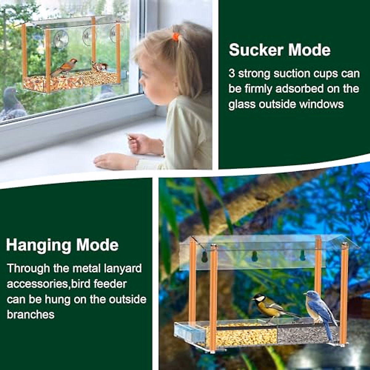 HHXRISE Bird Feeder, Window Bird Feeder for Outside with Strong Large Size Suction Cups, Clear Acrylic Bird House for Viewing with Detachable Seed Tray, Drinking-Water Sink, Rainproof Roof, Drain Hole