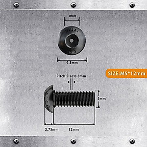 Cicidorai M5-0.8 x 12mm Button Head Socket Cap Bolts Screws, 10.9 Grade Alloy Steel, Black Oxide Finish, Machine Thread, Allen Socket Drive, Quantity 100