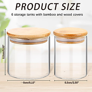 Dandat 6 Pack Glass Apothecary Jars with Lids Bamboo Bathroom Jars Cotton Ball Pad Round Swab Holder Dispenser Vanity Canisters for Countertop Storage Hair Ties Floss Organizer, 8.5 oz and 10.8 oz