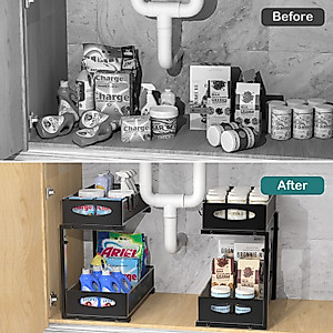 Housolution 2 Pack Under Sink Organizer, 2 Tier Metal Pull Out Under Sink Storage with Sliding Mesh Drawers, Height Adjustable Slide Out Under Sink Organizer for Kitchen Bathroom Cabinet, Black