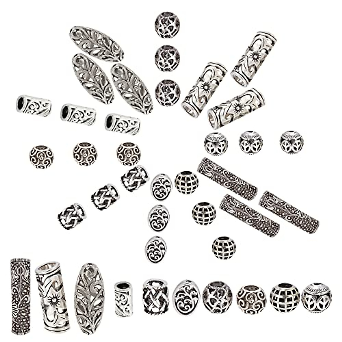 SUNNYCLUE 1 Box 40Pcs 10 Styles Tibetan Hollow Tube Bead Alloy Antique Silver Curved Noodle Loose Bead Long Spacers Large Hole for Jewelry Making Necklace Bracelet Craft Findings