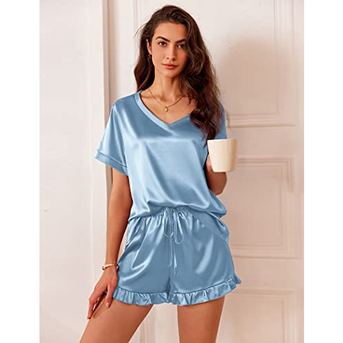 Ekouaer Silk Pajamas Set for Women Satin Short Sleeve Sleepwear V Neck Sleep Set 2 Piece Pj Set Light Blue Large