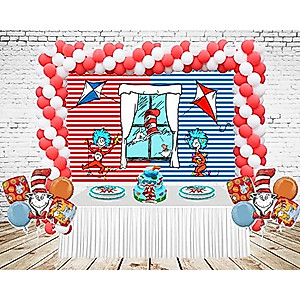 Red and Blue Stripes Backdrop Party Supplies, Dr Seuss Birthday Theme Photo Background, Cat in The Hat Banner for Birthday Party Caketable Decoration, 5x3ft