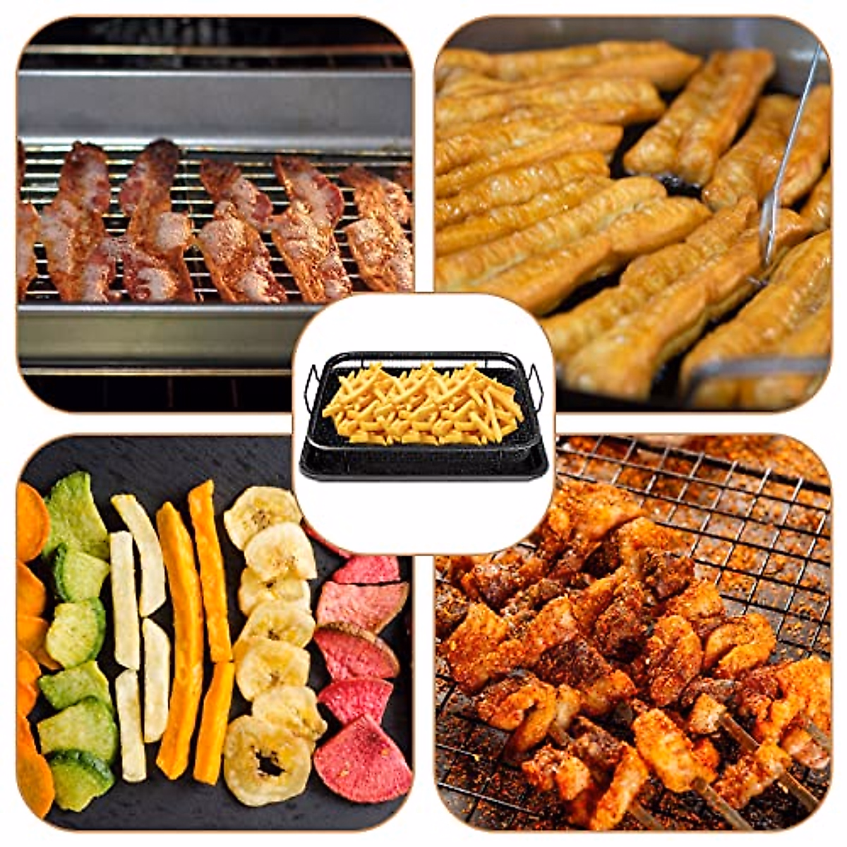 PBRO 2 Piece Copper Crisper Tray,13"L x9" W Oven Pan,Non Stick Baking Tray,Oven Baking Pan & Mesh Basket Set,Air Fryer Pan,Microwave Bacon Tray,French Fries Basket,Baking Set Kitchen Supplies -Black