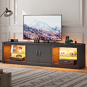 Bestier 70 inch Gaming TV Stand with Power Outlets, LED Entertainment Center for 70/75/80/85 Inch TV, Modern TV Cabinet for PS5 Xbox Console, TV Stand for Living Room Black