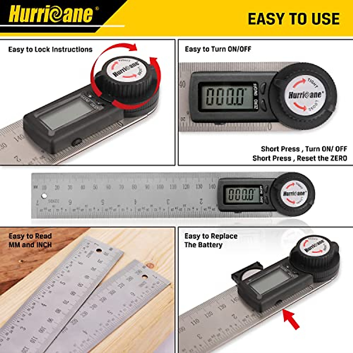 HURRICANE Digital Angle Finder Protractor, 2 In 1 Digital Level and Angle Gauge, 7 Inch / 200mm Stainless Steel Measuring Ruler with Large LCD Display for Woodworking, Crown Molding and Daily Use