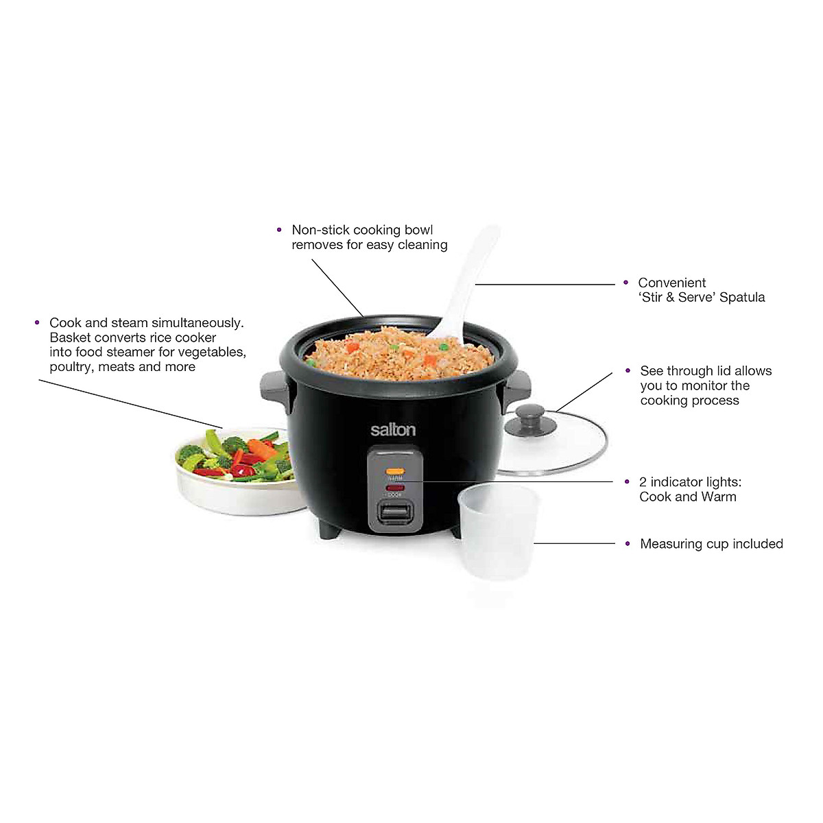 Salton 6 Cup Automatic Rice Cooker, 6 cups cooked / 3 cups Uncooked, Black, Stainless Steel