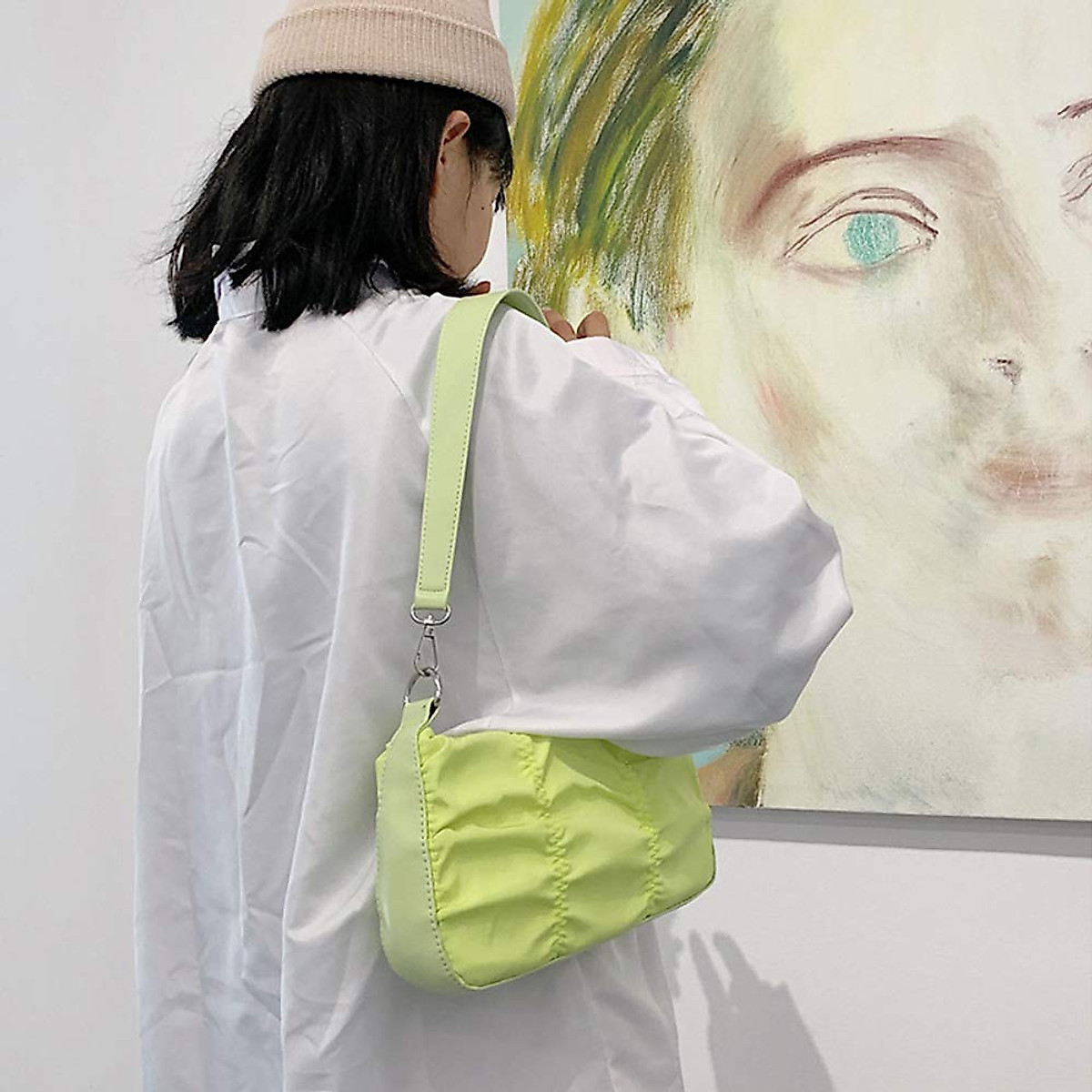 Mysmeir Solid Color Pleated Armpit Bag Oxford Water-resistant Western Style Shoulder Bag for Women (green)