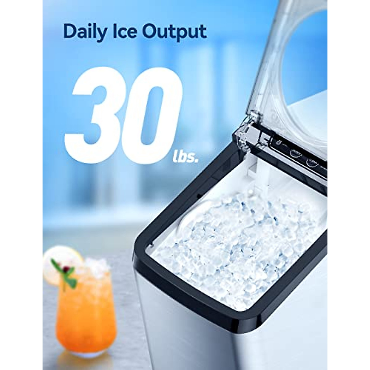 Thereye Countertop Nugget Ice Maker, Pebble Ice Maker Machine, 30lbs Per Day, 2 Ways Water Refill, 3Qt Water Reservoir & Self-Cleaning, Stainless Steel Finish Ice Machine for Home Office Bar Party
