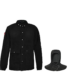 Black Leather Welding Jacket with Hood, Heavy Duty FR Split Cowhide Leahter Work Safety Jackets, Welder Jackets for Men & Women(Large)
