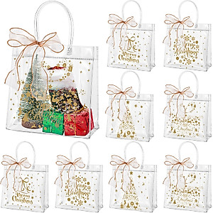 24 Pcs Christmas Clear Gift Bags with Bow Ribbon PVC Party Favor Bags with Handles 7.8 x 7.8 x 3.1" Plastic Gift Wrap Tote Bags for Retail Christmas Wedding Birthday Baby Shower Party Favors