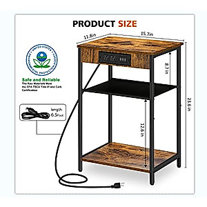 melos Nightstand with Charging Station, 3 Tier End Table with USB Ports & Power Outlets, Narrow Side Table for Small Spaces, Bedside Tables for Bedroom, Living Room, Rustic Brown