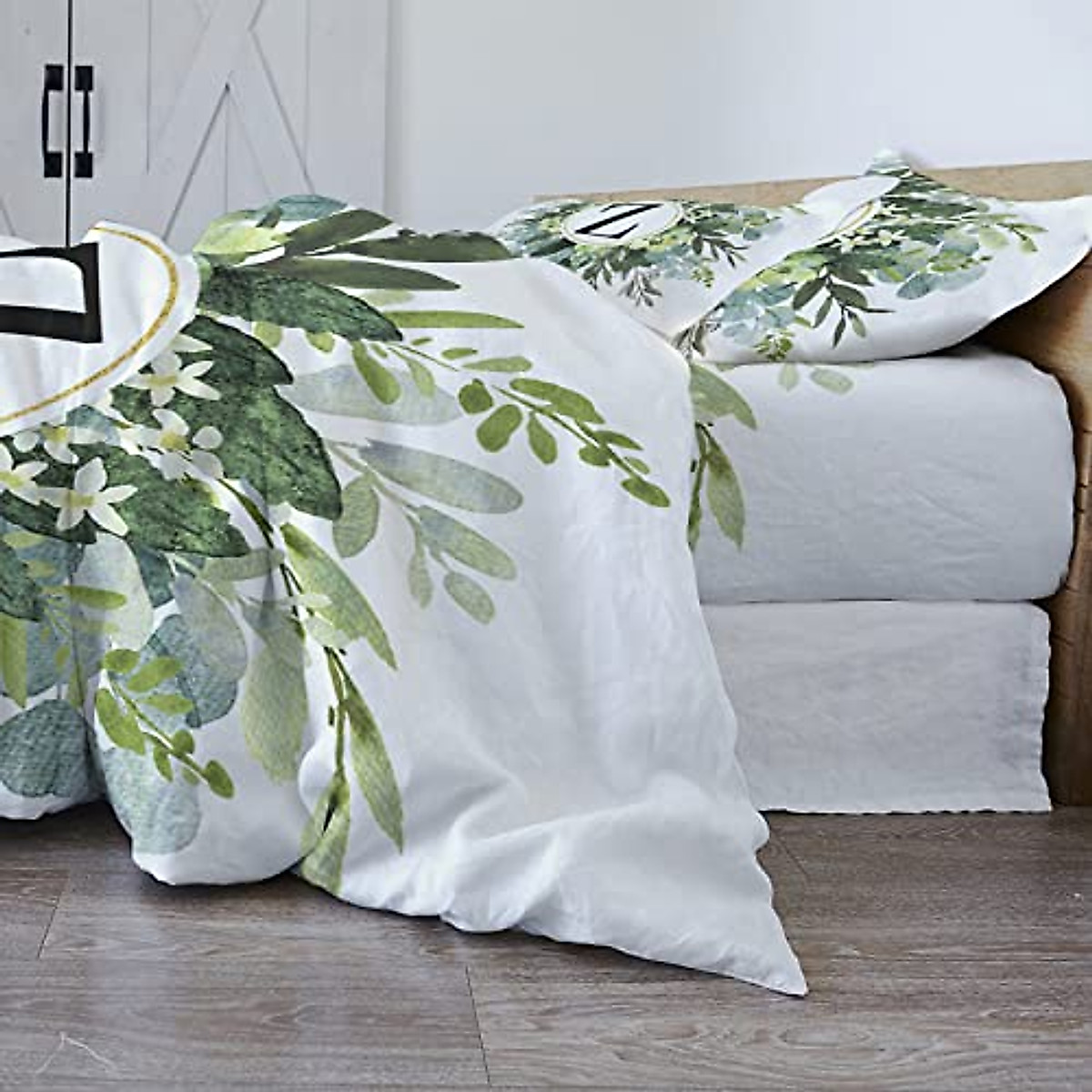 Queen Duvet Cover Set - Eucalyptus Leaves 4 Pcs Comforter Cover Bedding Sets with Zipper Closure, Z Monogram Letter Watercolor Teal Botanical Microfiber Bed Sheet Soft Quilt Cover with 2 Pillow Shams