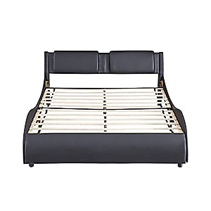 Lostcat Full Modern Upholstered Faux Leather Platform Bed with LED Light Bed Frame,Strong Wood Slats Support,Wave Like Curve Low Profile Bed Frame for Boys/Girls/Adult Bedroom,Easy Assembly,Black