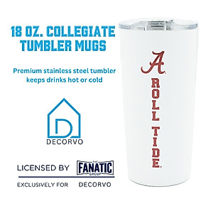 Decorvo Officially Licensed Collegiate Stainless Steel Tumbler - Double Walled Insulated Travel Thermos with Slide Lid - 18 oz (Alabama - White)