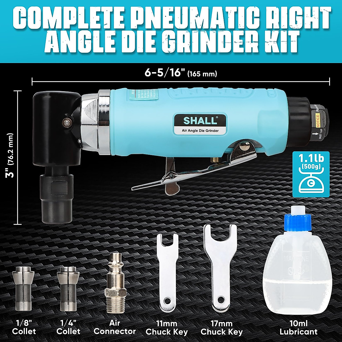 SHALL Air Die Grinder, 1/4" Pneumatic Right Angle Die Grinder, 1/4" & 1/8" Collets, Air Connector, Lubricant and Chuck Key Included, for Grinding, Polishing, Deburring, Engraving and Rust Removal