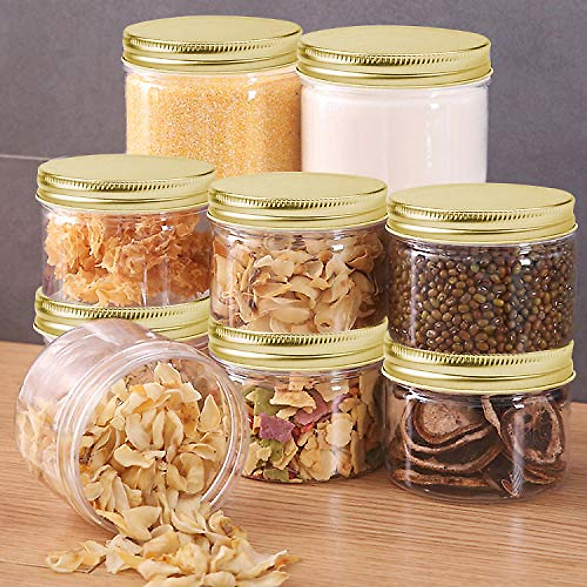 Plastic Jars with Lids,12 Pack Refillable Plastic Slime Storage Containers Clear Plastic Food Storage Jars,Plastic containers with Gold lids for Beauty Products,Kitchen & Storage - BPA Free (4 Ounce)