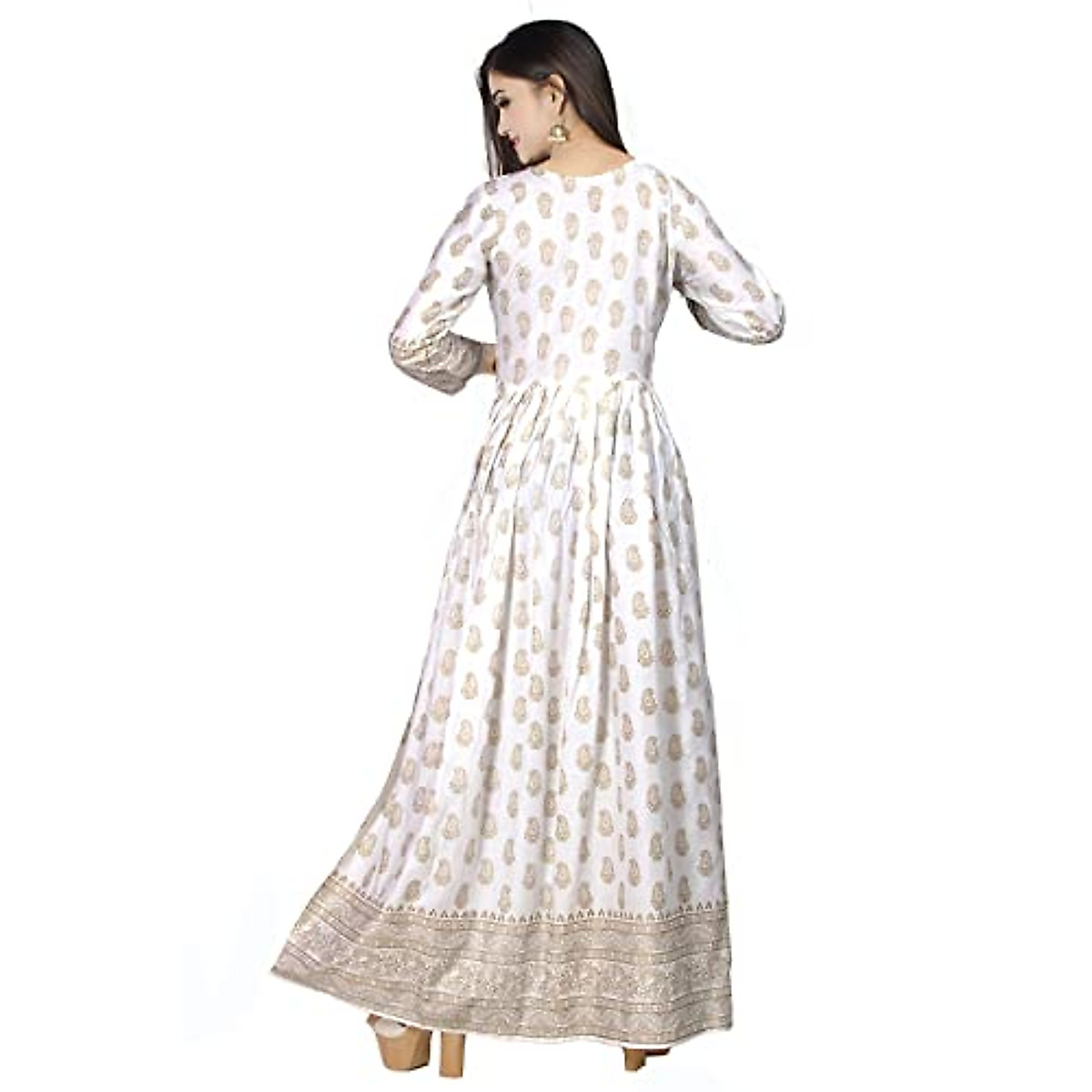 Chandrakala Gold Foil Printed Long Kurti for Women Rayon Indian Anarkali Ethnic Tunic Top Kurta Kurti Dress,X-Large (K199WHI4)