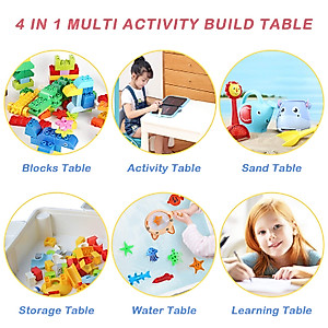 Glaf Toddler Table and Chair Set 7 in 1 Kids Multi Activity Table with 2 Chairs and 120 Pieces Large Building Block with Storage Play Water Compatible for Boys Girls (Classic, 20 Inches)