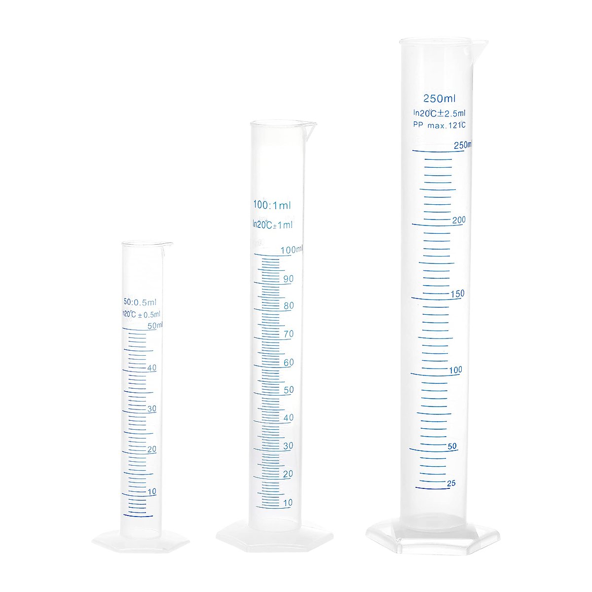 uxcell Plastic Graduated Cylinder, 50ml 100ml 250ml Measuring Cylinder, Double-Sided Metric Marking, Clear Hex Base, 3 in 1 Set