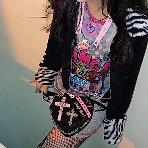 Gothic Heart-shaped Zip Chain Crossbody Bag Kawaii Wallet Y2k Shoulder Bag Y2k Fashion Y2k Purse (Black)