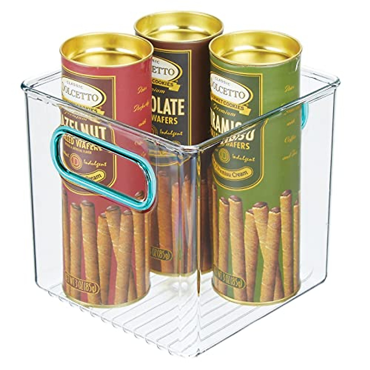 mDesign Plastic Kitchen Pantry Cabinet, Refrigerator or Freezer Food Storage Bins with Handles - Organizer for Fruit, Yogurt, Snacks, Pasta - Food Safe, BPA Free, 6" Cube, 4 Pack - Clear/Blue