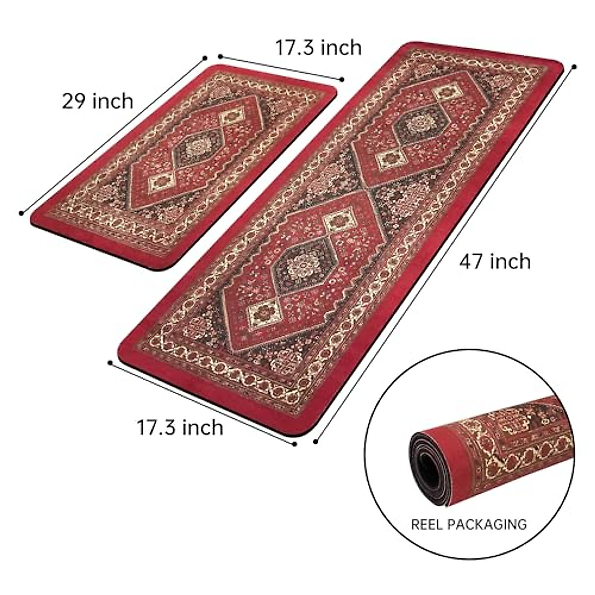 eqivei Kitchen Rugs Sets of 2, Non-Skid Rubber Kitchen Mats for Floor, Boho Kitchen Runner Rugs and Mats Washable, Farmhouse Cushioned Standing Mat for Kitchen, Front of Sink, Laundry（Red）
