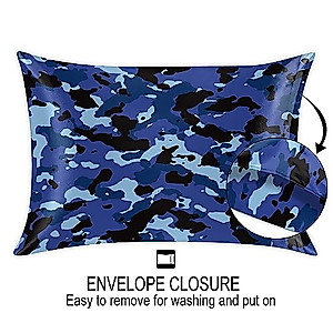 Blue Abstract Camouflage Camo Satin Pillow Cases Silk Satin Pillowcase for Hair and Skin Standard Set of 2 Super Soft Silk Pillowcase with Envelope Closure (20x26 in)