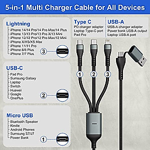 100W USB C Multi Charging Cable 3M/10Ft [Apple MFi Certified]5-in-1 USB A/USB C to Micro USB+Lightning+Type C Fast Charging Cable,Nylon Braided Universal Charging Cable for Android/iPhone/Laptop/i Pad