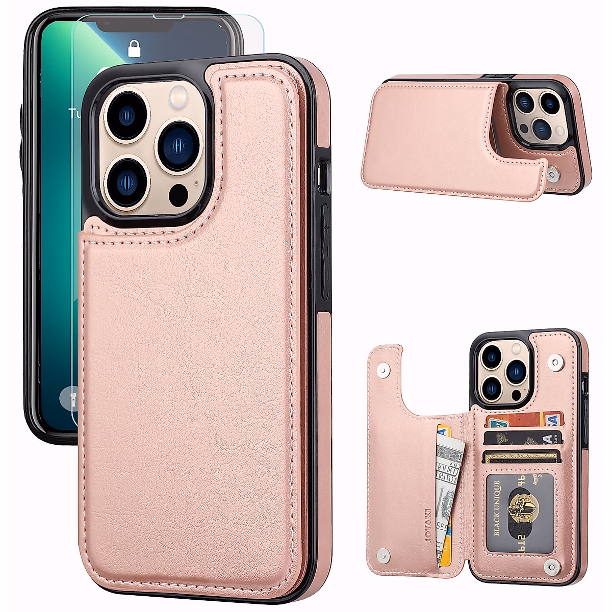 JOYAKI Wallet Case Compatible with iPhone 13 Pro Max,Slim Protective case with Card Holder,PU Leather Kickstand Card Slots Case with a Free Screen Protective Glass for iPhone 13 Promax(6.7")-Rose Gold