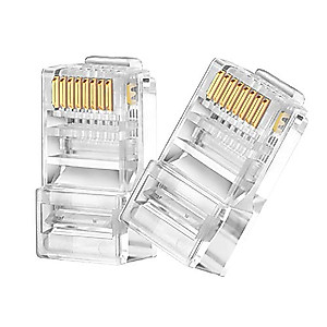 Kinoth RJ45 CAT6 Pass Through Connectors 100 Pack - Easy and Fast Termination - Gold Plated 3 Prong 8P8C Modular Ethernet UTP Network Cable Plug End for Cat6 Cat5e