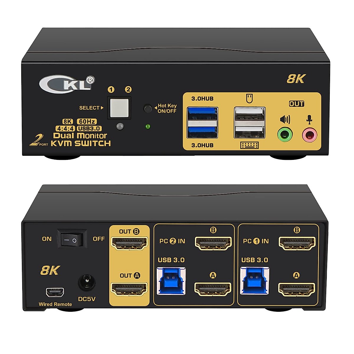 CKL 2 Port USB 3.0 KVM Switch Dual Monitor HDMI 2.1 8K 60Hz 4K 120Hz 144Hz, Keyboard Video Mouse Peripherals Switcher for 2 Computers 2 Monitors with Audio 922HUA-4
