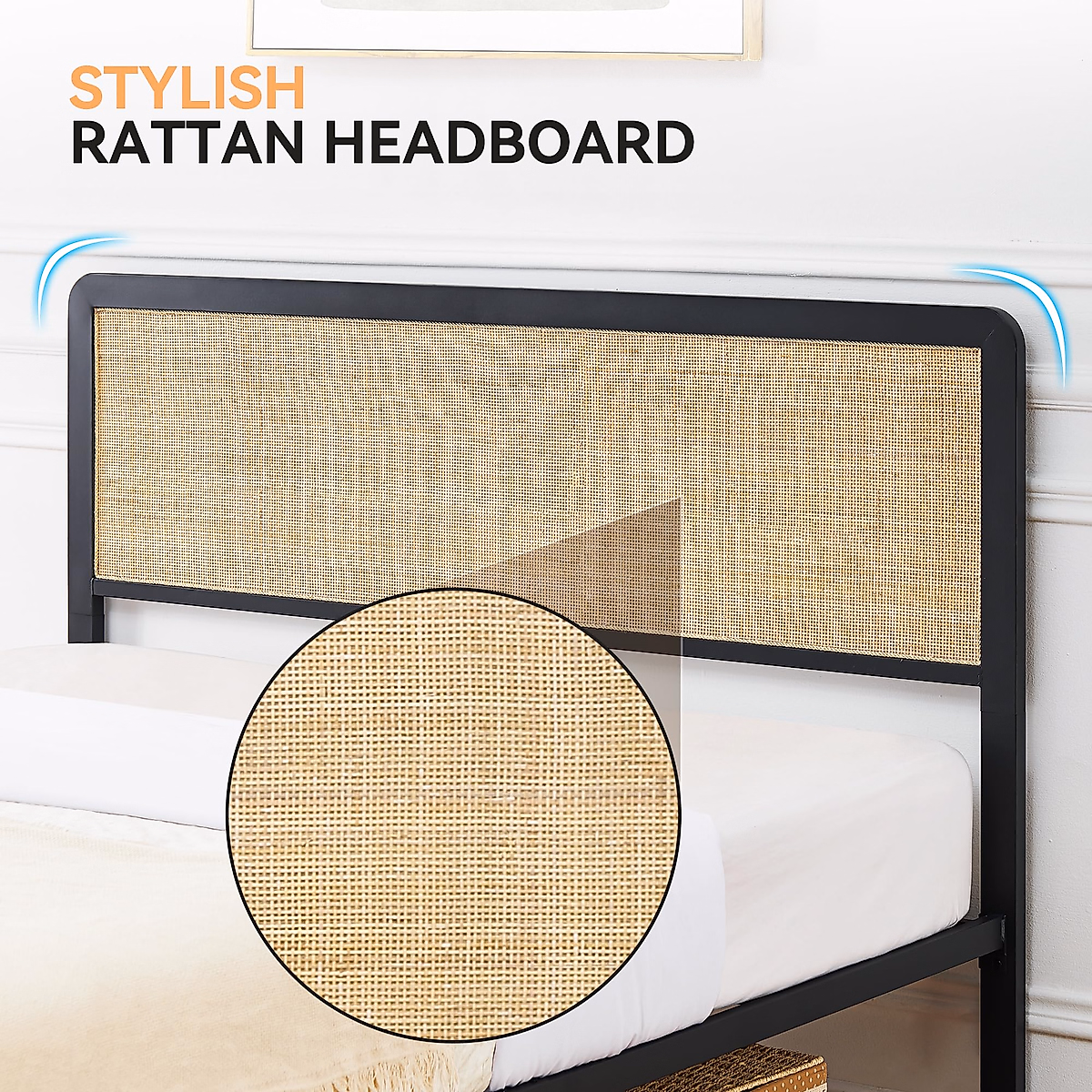 Alkmaar Full Size Metal Bed Frame with Rattan Headboard and Footboard, Platform Bed Frame with Safe Rounded Corners, Under Bed Storage, Strong Metal Slat Support, No Box Spring Needed