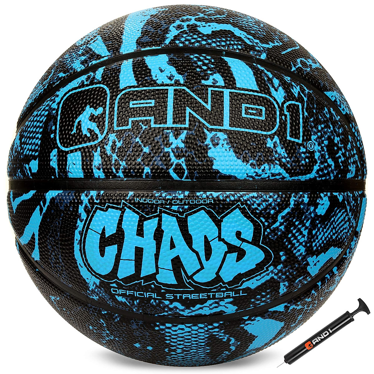 AND1 Chaos Basketball & Pump (Jungle Series)- Official Size 7 (29.5”) Streetball, Made for Indoor and Outdoor Basketball Games (Blue/Black)