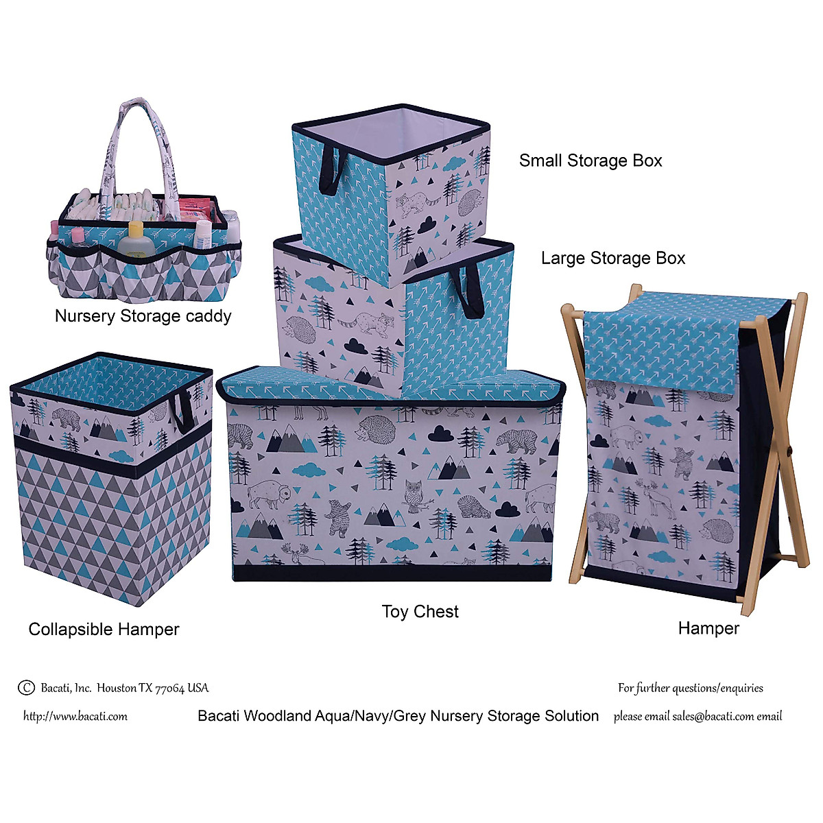 Bacati – Small Storage Tote Woodlands Animals Aqua/Navy/Grey 10X 10 X 10 inches