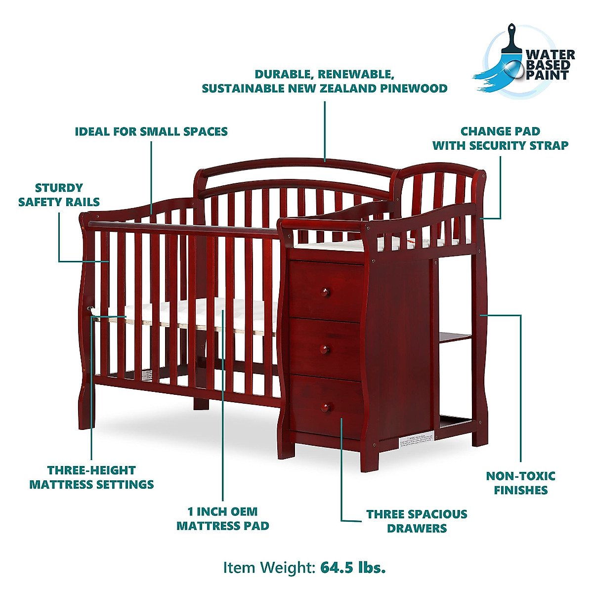 Dream On Me Casco 3-In-1 Mini Crib And Changing Table In Cherry, Convertible Crib, Made Of Pinewood, Three Position Adjustable Mattress Height Settings