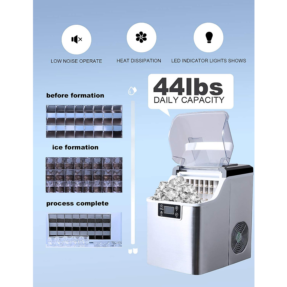 COOLHOME Ice Maker with Self Cleaning, 45Lbs/24H Ice Cube Makers,Stainless Steel Ice Makers Countertop,Tabletop Ice Maker Machine with a Scoop,Perfect for Home Kitchen Office Bar