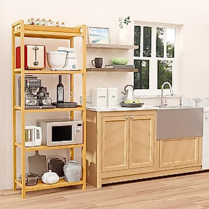 BeiBeGood Bookshelf, 5-Tier Bamboo Ladder Shelf 49” Tall Book Shelf Organizer, Free Standing Storage Unit for Bathroom/Living Room/Bedroom/Kitchen/Office,Rust Resistance,Natural